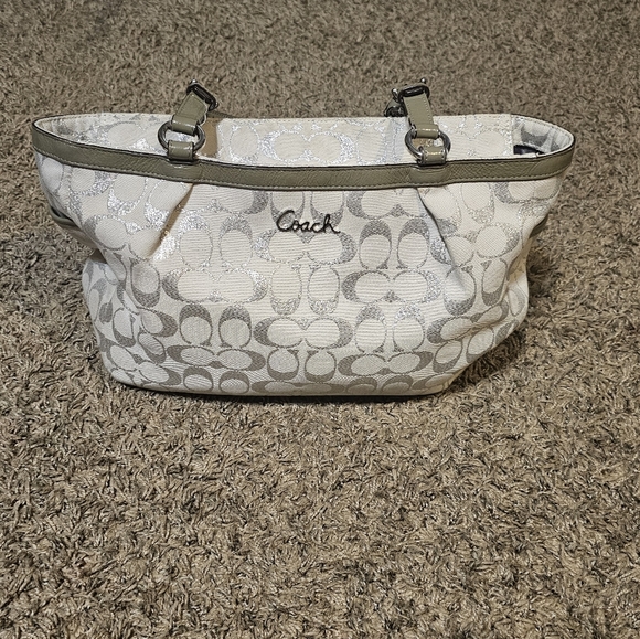 Coach | Bags | Coach Metallic Whitesilver Signature Canvas And Patent ...